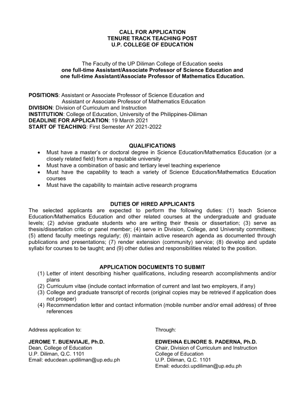 Call for Application for Tenure Track Teaching Post: Science Education ...
