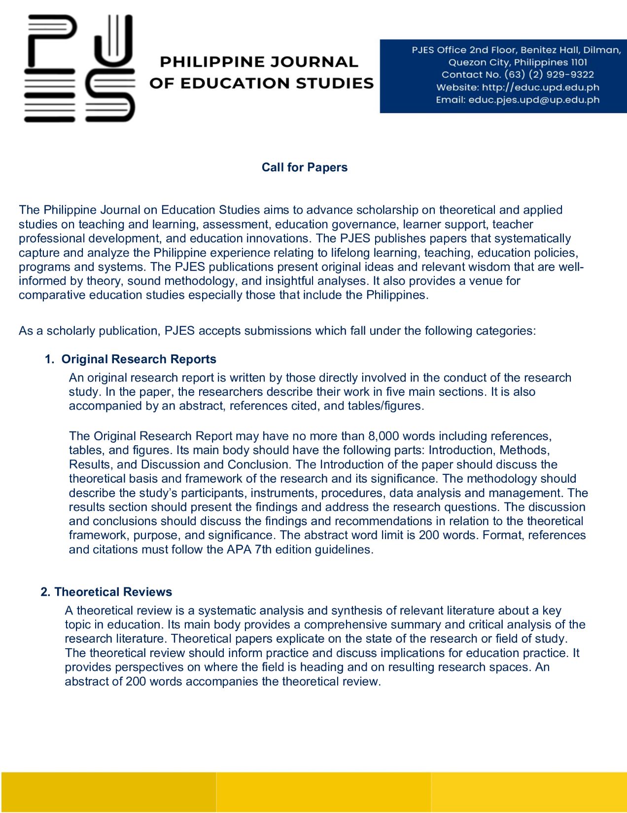 Call for Papers by the Philippine Journal of Education Studies (PJES) – College of Education