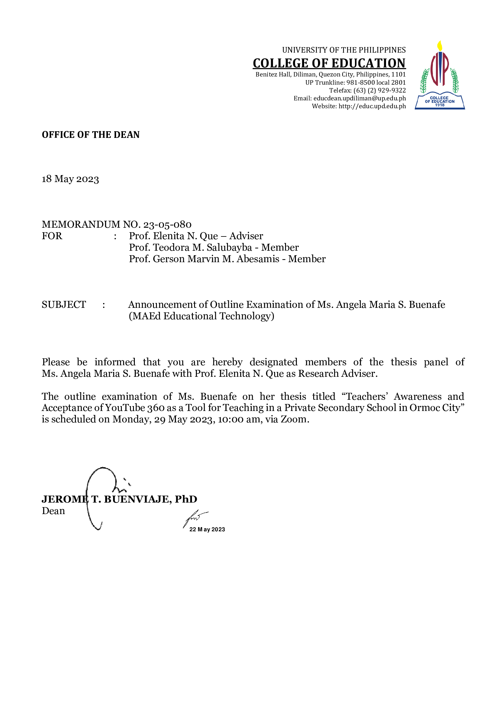 Announcement of Outline Examination of Ms. Angela Maria S. Buenafe ...